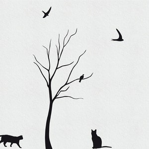 Wall Tree Decal Small Tree and Bird Decal 2 Cat Decals and 4 - Etsy