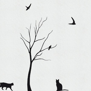 Wall Tree Decal, Small Tree and Bird Decal, 2 Cat Decals and 4 Bird ...