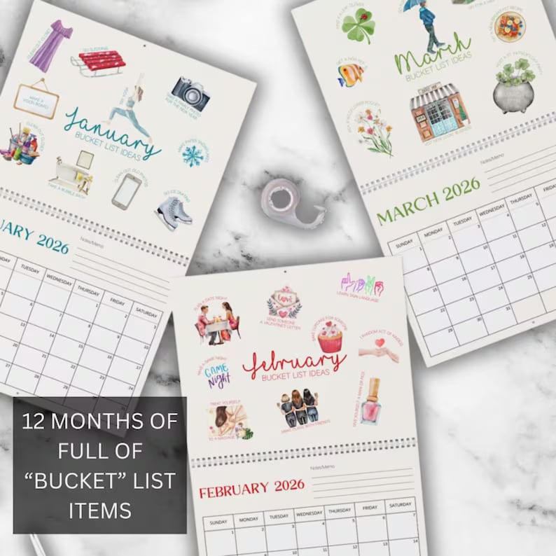 2026 Bucket List Calendar, Cute and Fun Bucket List 12 Month Calendar ...