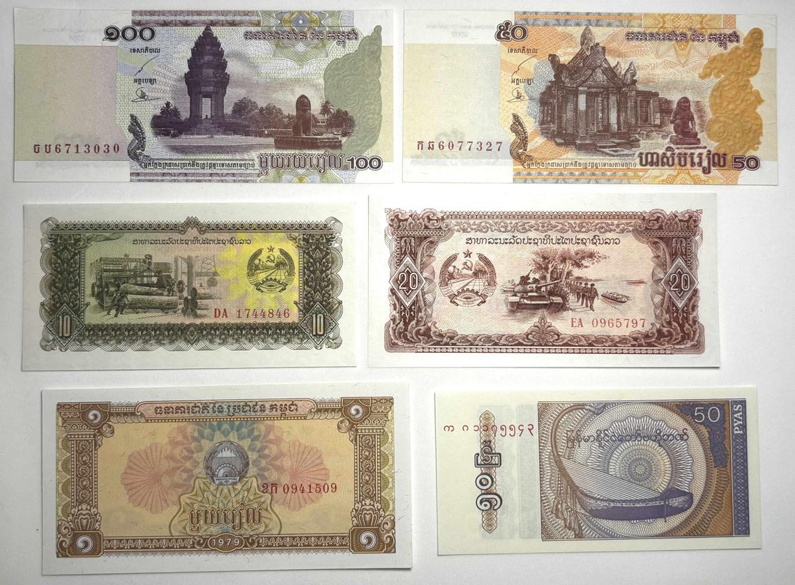 Set of 6 UNC Vintage Asian Banknotes – Cambodia, Laos, Myanmar ...