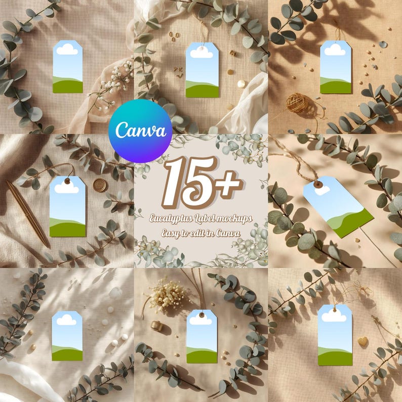 Eucalyptus Gift Tag Mockup Bundle, Editable Canva Templates, Label ...