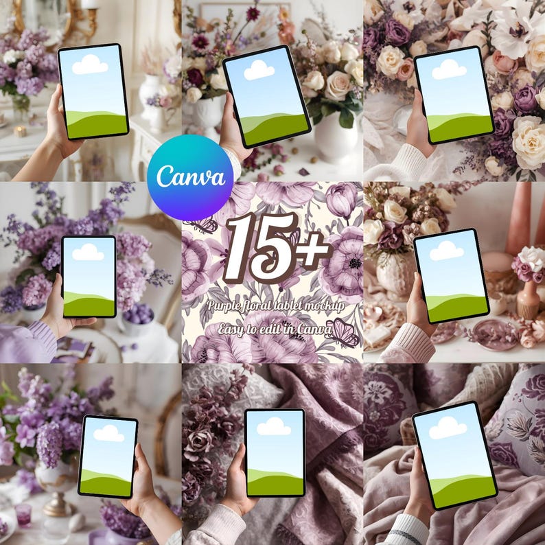 Regency Floral Tablet Mockup Bundle, Editable Canva Screen Templates ...