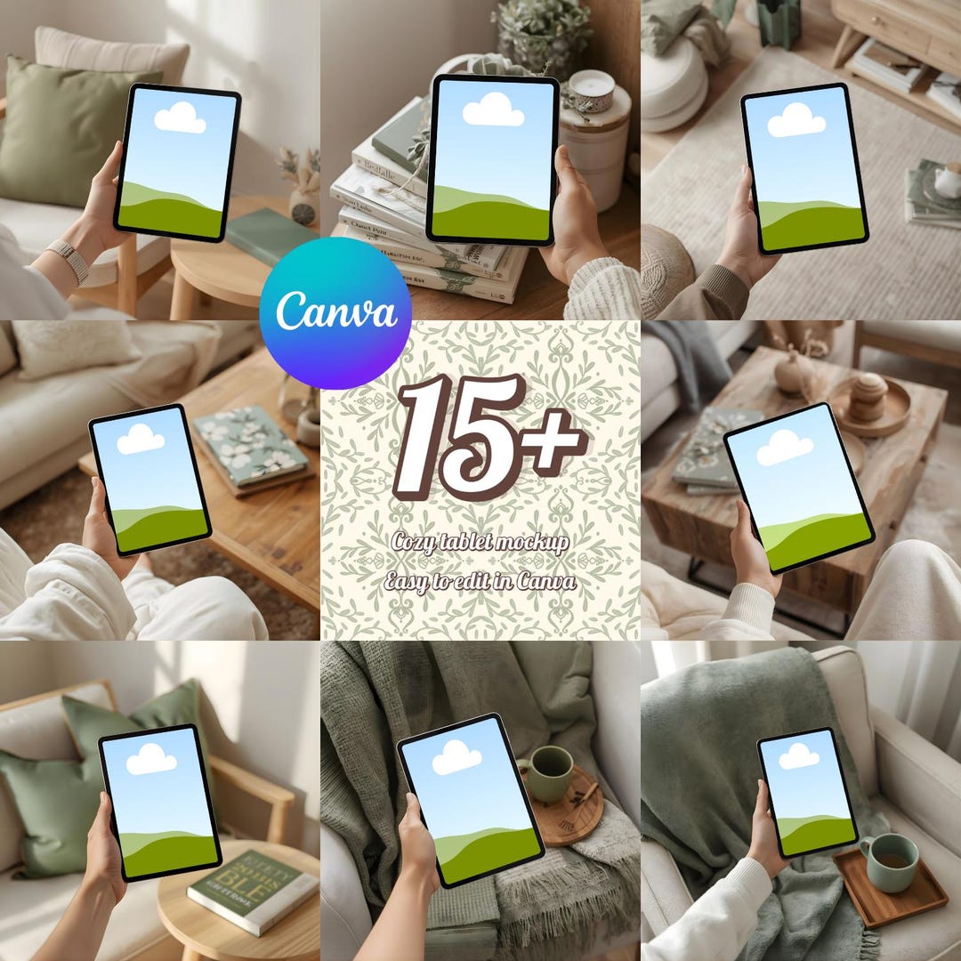 Cozy Green Tablet Mockup Bundle, Editable Canva iPad Screen Templates ...