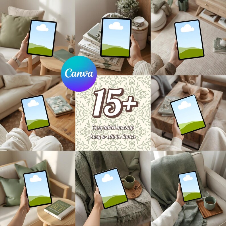 Cozy Green Tablet Mockup Bundle, Editable Canva iPad Screen Templates ...