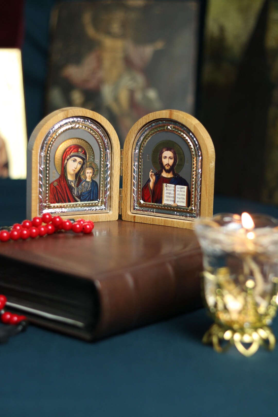 Wooden Diptych Icon 3.3x4.1 Inch, Byzantine Style Orthodox Icon ...
