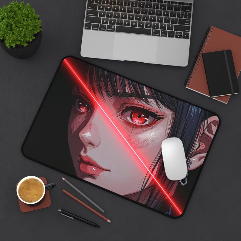 Dark Anime Waifu Desk Mat, Large Gaming Mouse Pad | Black Red, 3 Sizes ...