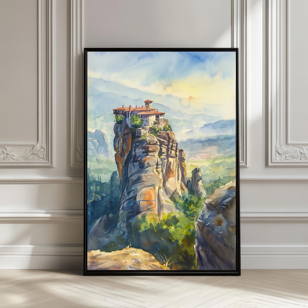 Meteora Watercolor Poster – Greece Wall Art Print, Cliff Monasteries ...