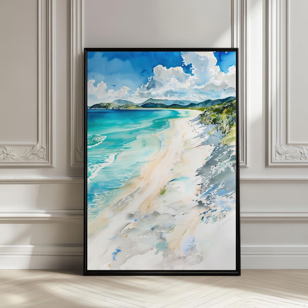 Whitehaven Beach Watercolor Poster, Australia Whitsunday Art Print ...