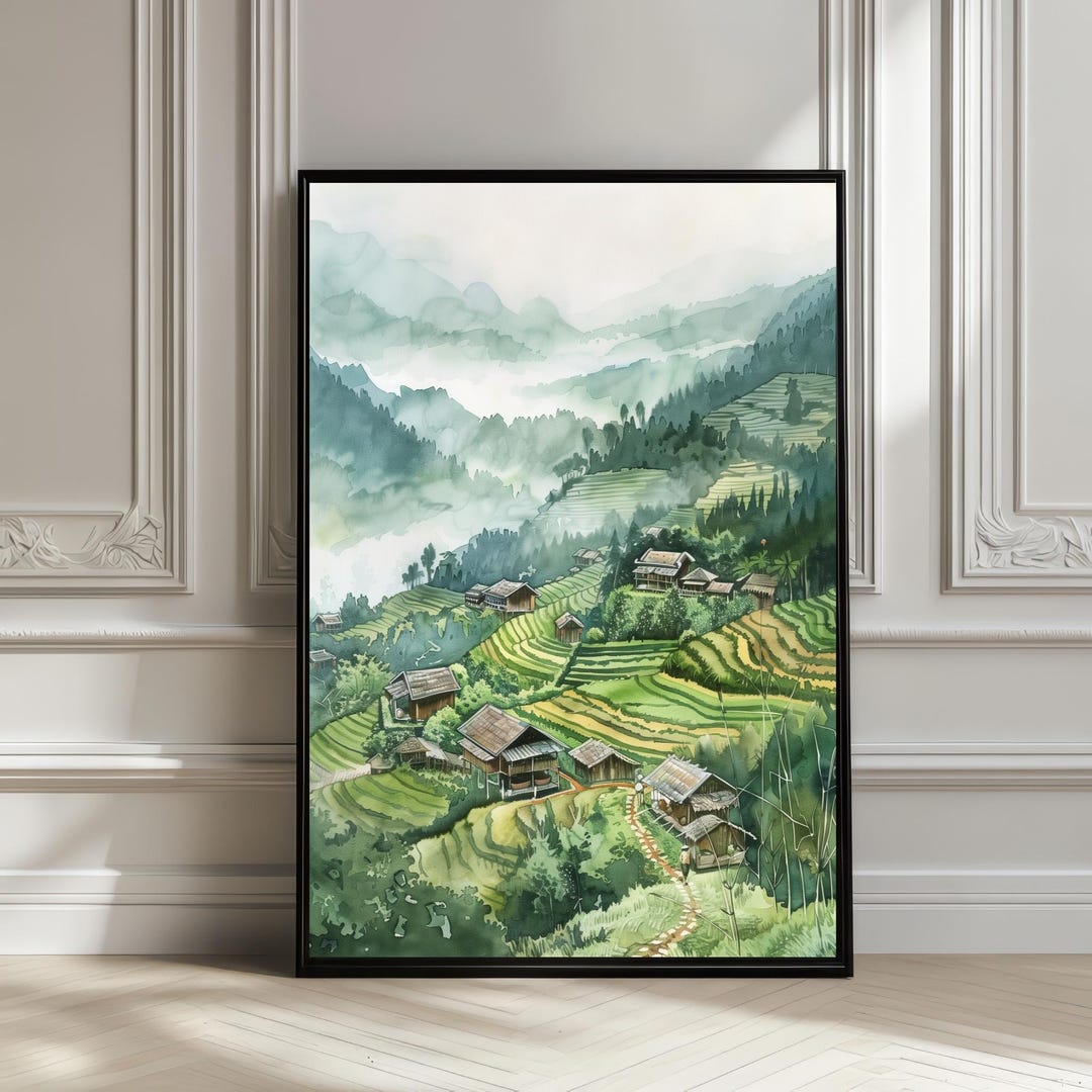 Sapa Watercolor Poster, Vietnam Mountain Illustration, Rice Terrace ...