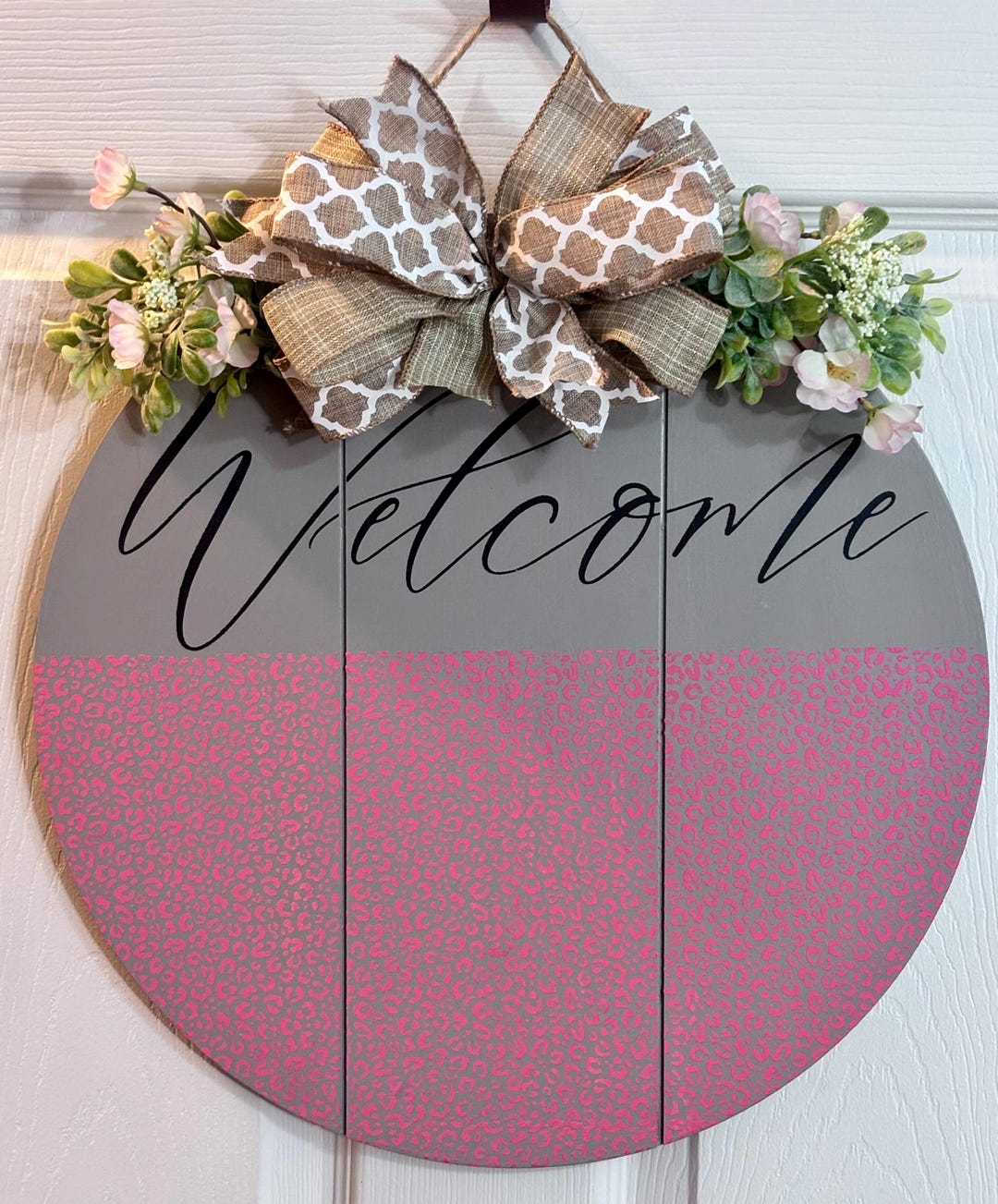 Coral & Gray Leopard Print Welcome Sign - Farmhouse Decor - Etsy