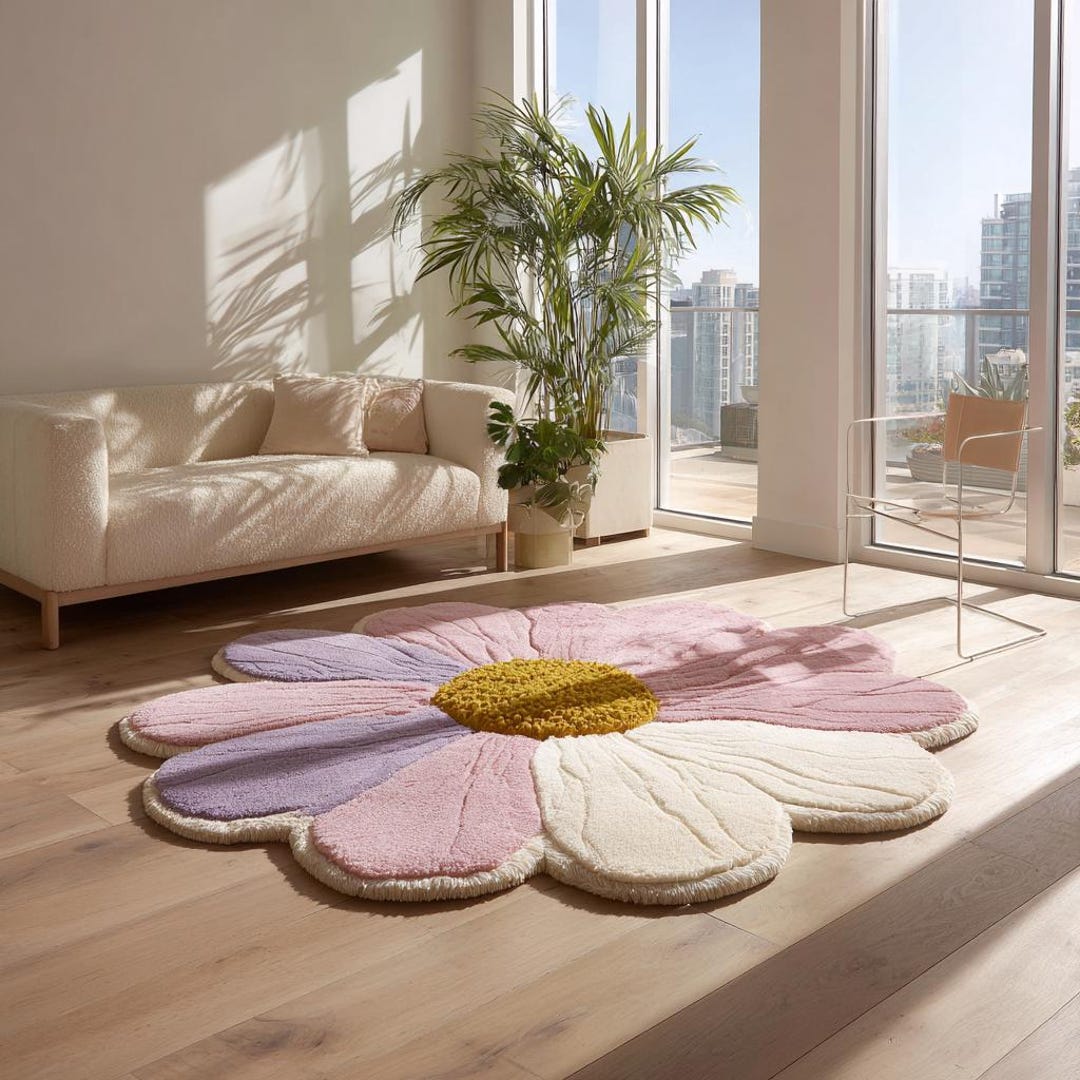 Pastel Flower Shaped Rug | Pink Lavender Daisy Wool Carpet, Kids Room ...