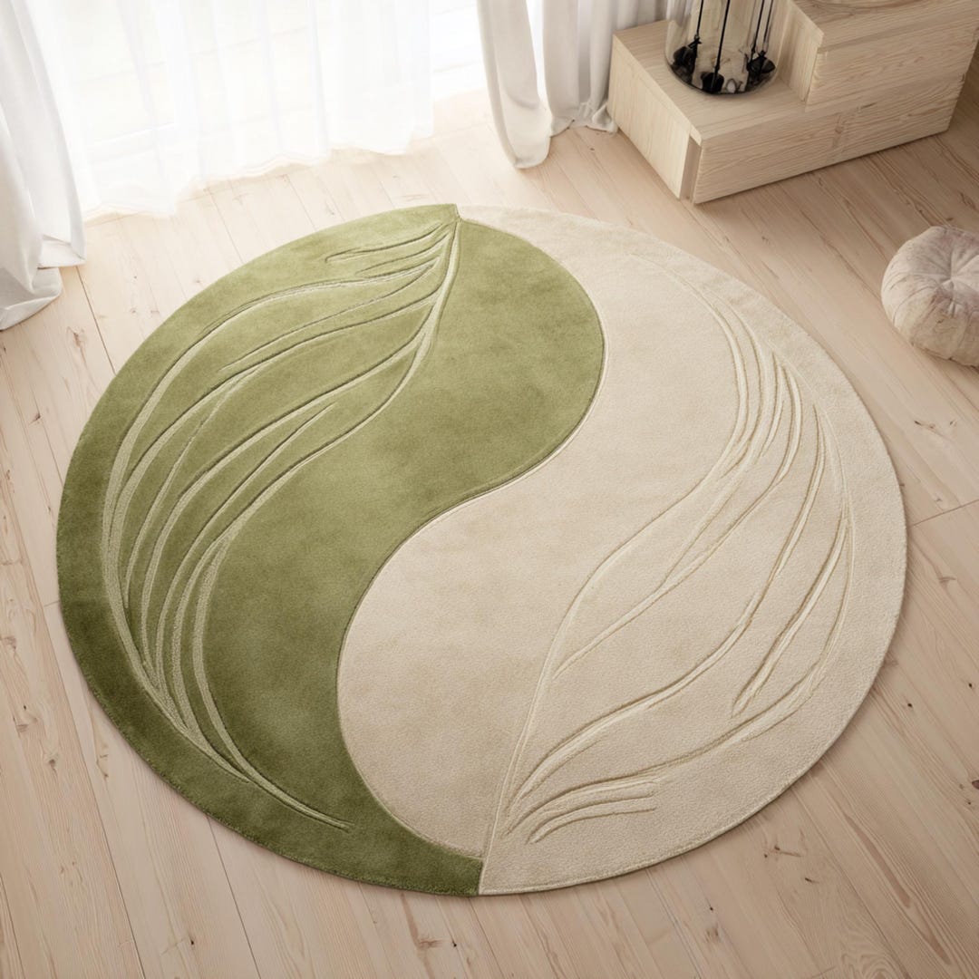 Hand-tufted Wool Yin Yang Rug | Green Cream Nature Inspired Circular ...