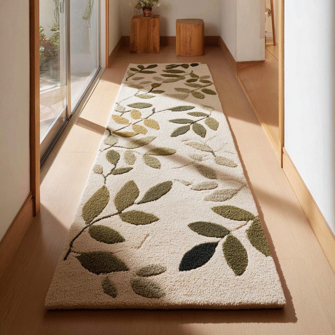 Cream Botanical Leaf Runner Rug | Olive Green Nature Inspired Hallway ...
