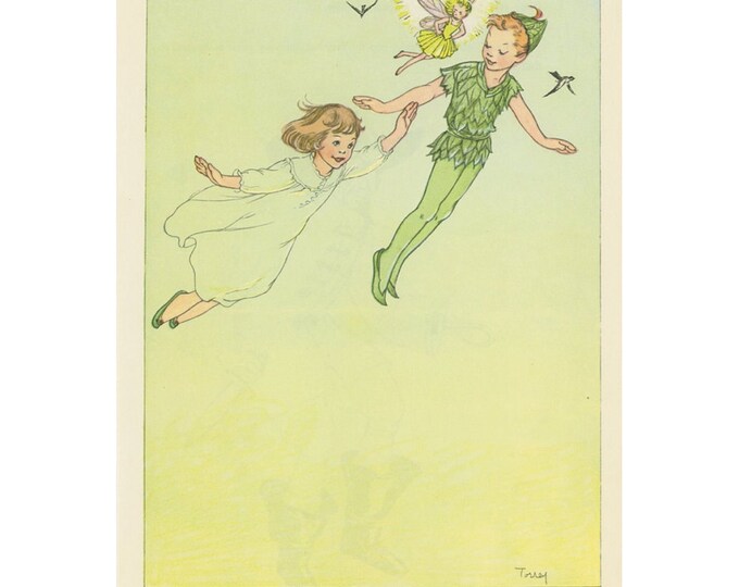 Peter Pan, Peter Tinkerbell and Wendy Fly in Sky With Birds, Antique ...