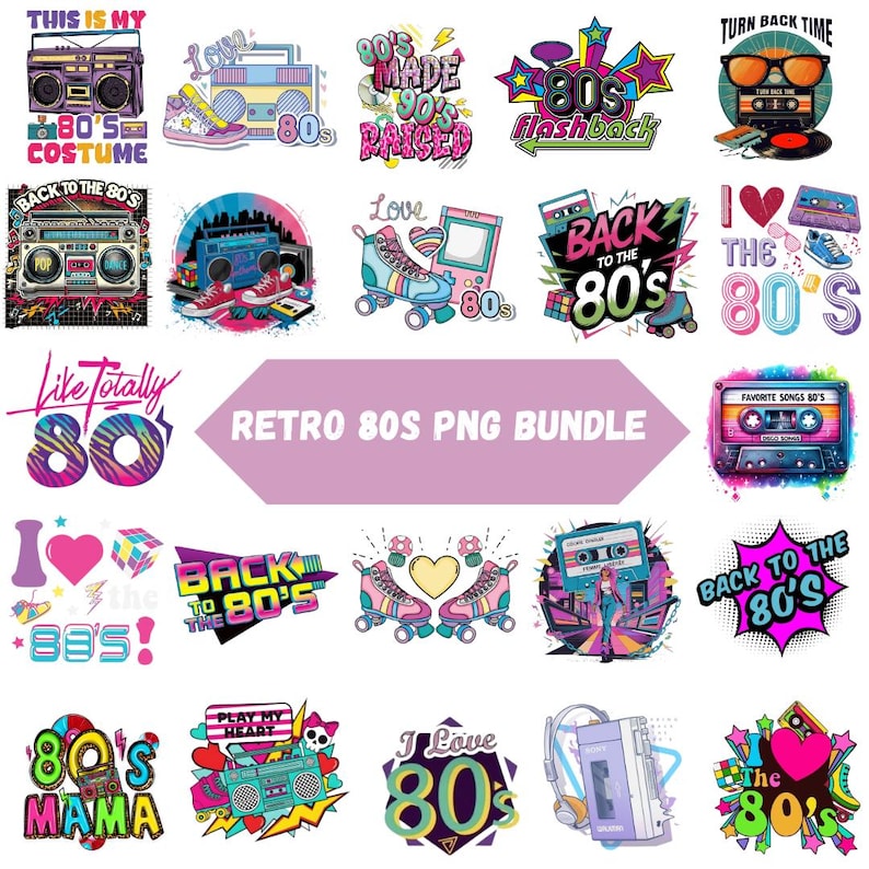 Retro 80s PNG Bundle, Neon Designs (digital Download) - Etsy
