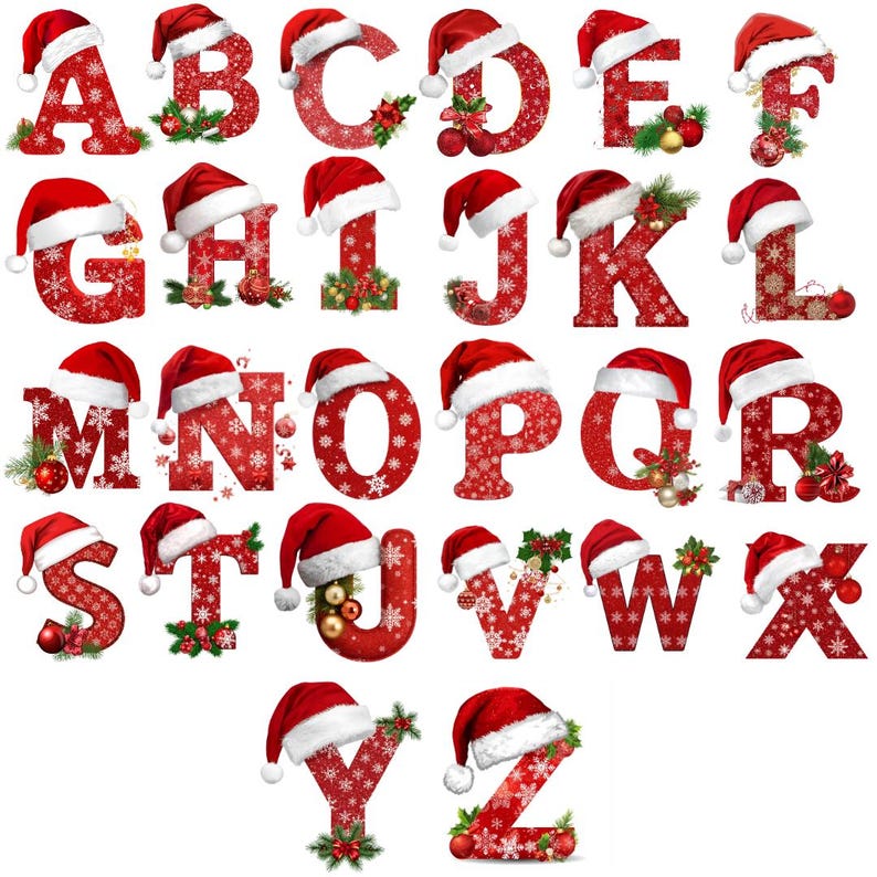 Retro Christmas Alphabet PNG Bundle, Santa Hat Letters (digital ...