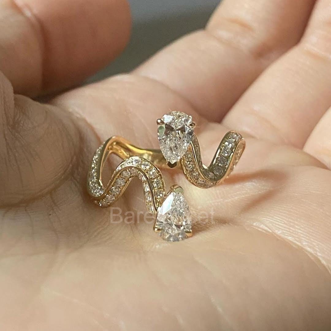 0.5CT Each Pear Cut Moissanite Snake Ring, Twisted Pave Shank 14k ...