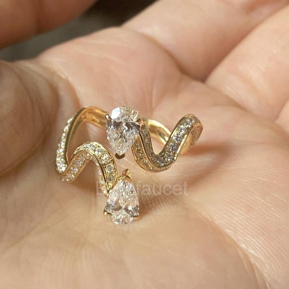 0.5CT Each Pear Cut Moissanite Snake Ring, Twisted Pave Shank 14k ...