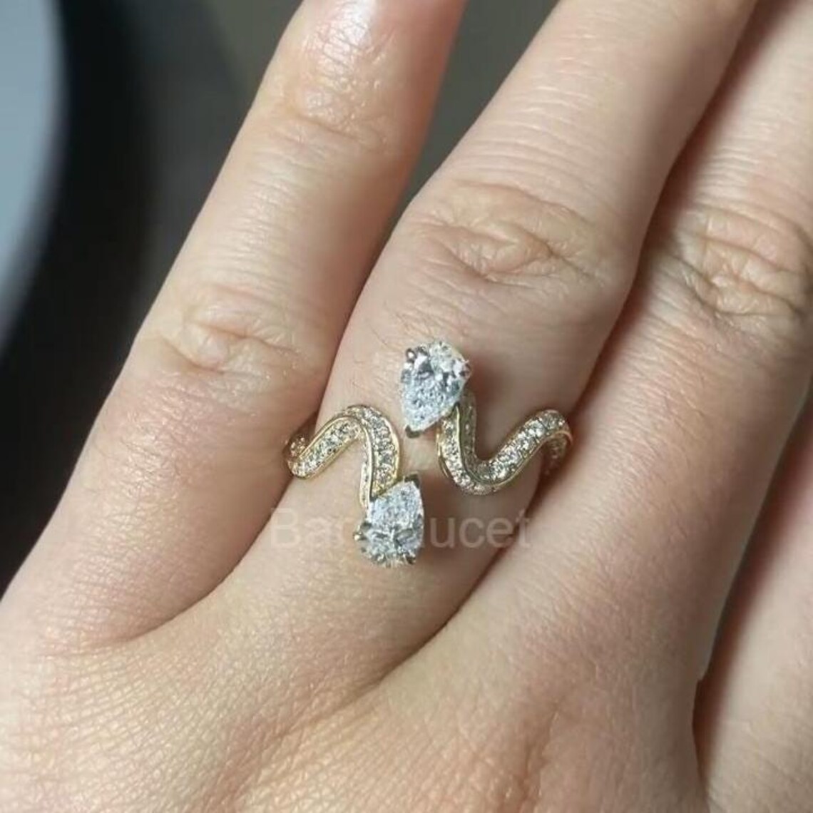 0.5CT Each Pear Cut Moissanite Snake Ring, Twisted Pave Shank 14k ...
