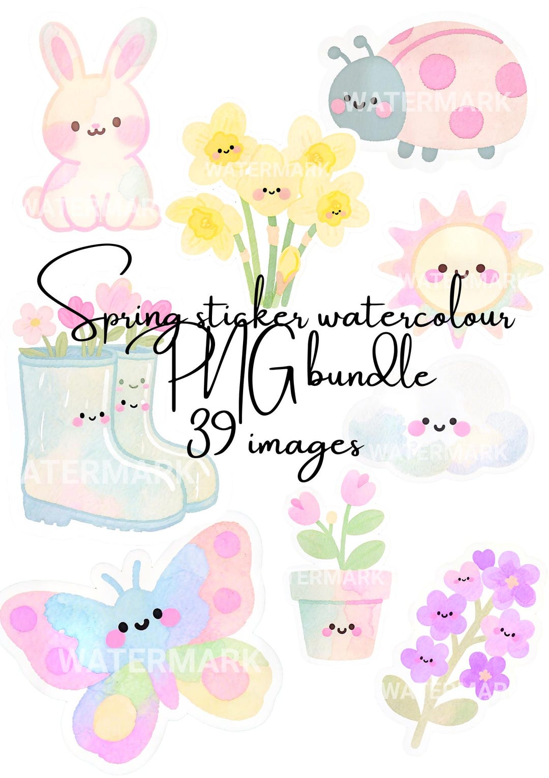 Kawaii Spring Clipart Bundle, Pastel Bunny, Floral PNG Set (digital ...