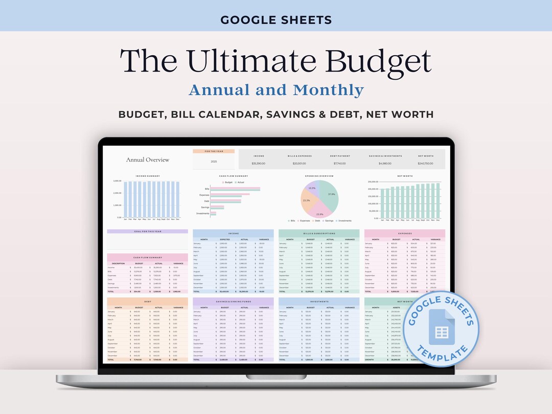 Ultimate Annual and Monthly Budget Google Sheets Spreadsheet in Pastel ...