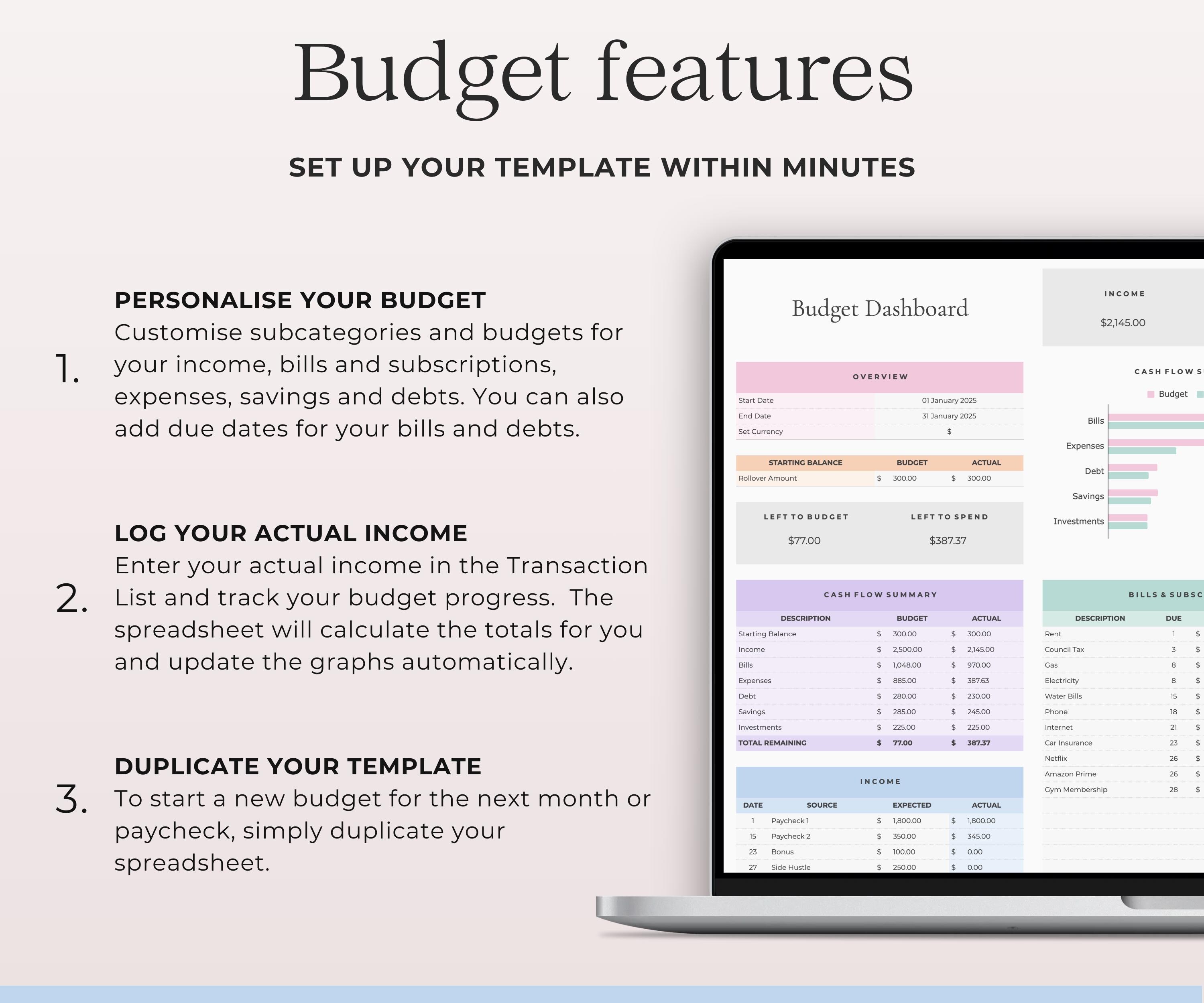 Beginner Google Sheets Budget Planner in Pastel, Simple Paycheck ...
