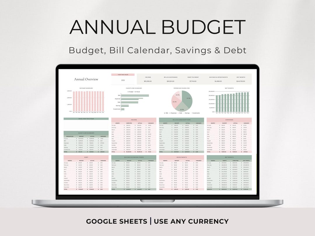 Annual and Monthly Budget Spreadsheet for Google Sheets in Neutral Pink ...