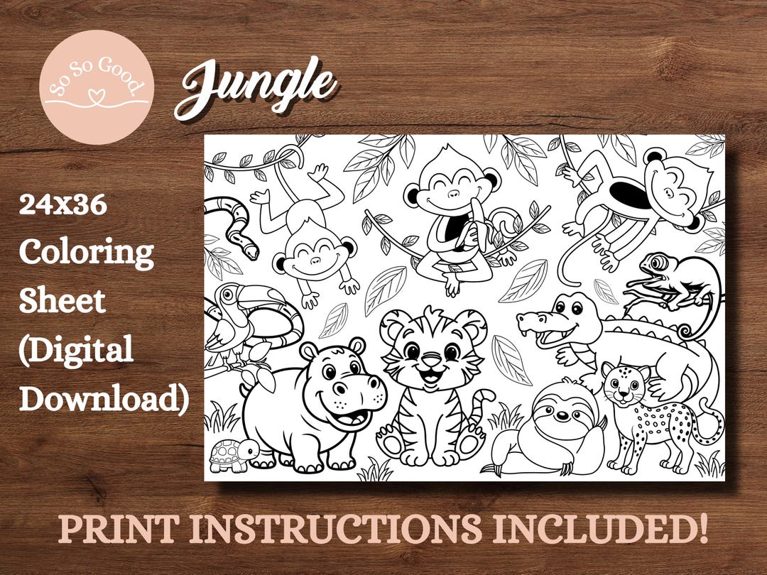 Jungle Animal Coloring - 24x36" Printable Activity (digital Download ...