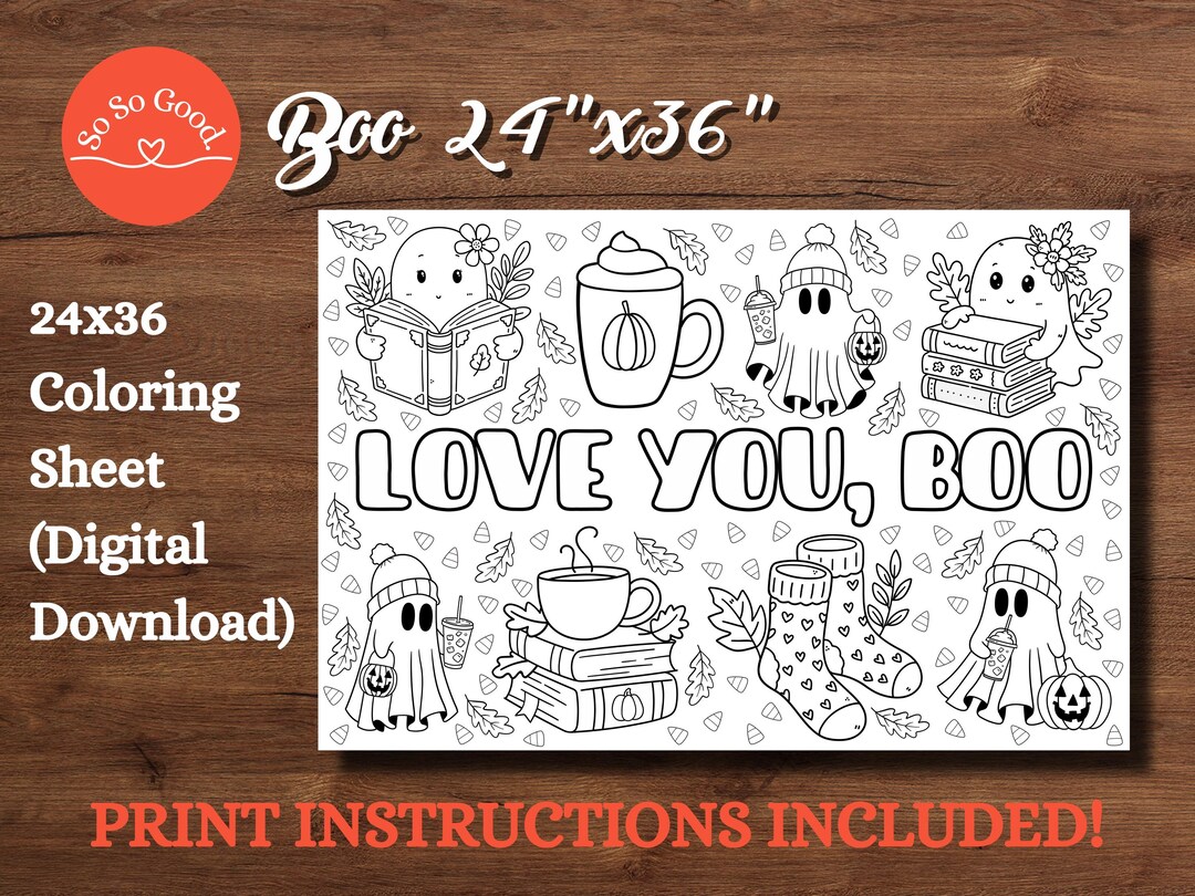 Halloween Coloring Sheet, Love You Boo, 24x36" (digital Download) - Etsy