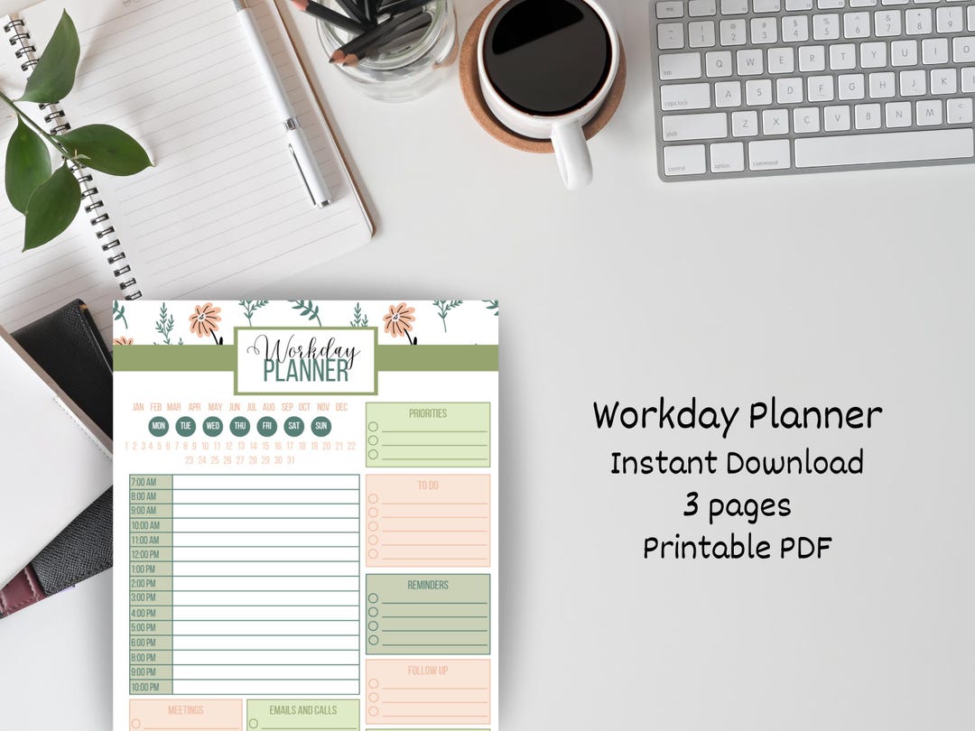 Floral Workday Planner Printable | Daily Schedule Organizer ...