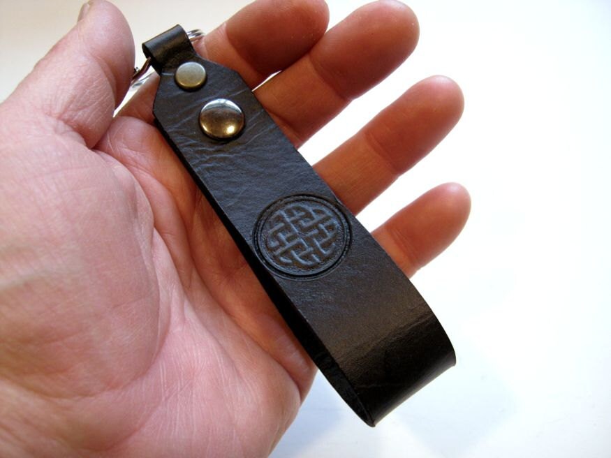 Black Leather Key Fob Celtic Knot Snap Loop for Belt or Pack - Etsy