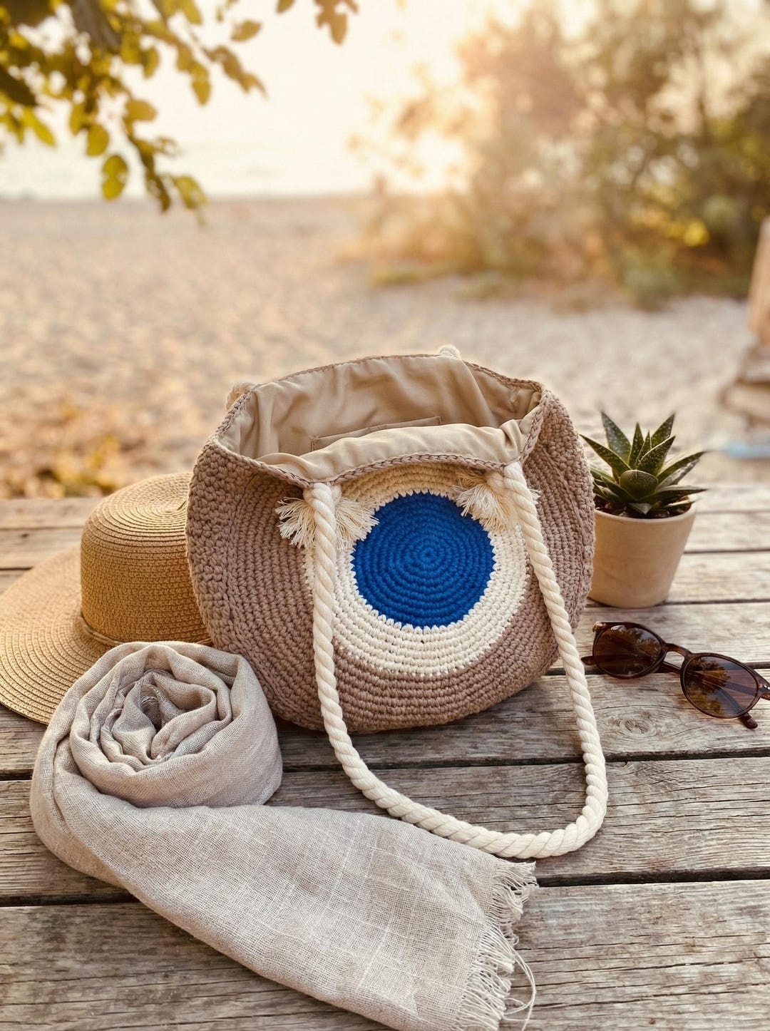 Evil Eye Crochet Tote Bag, Boho Summer Purse, Nazar Amulet - Etsy