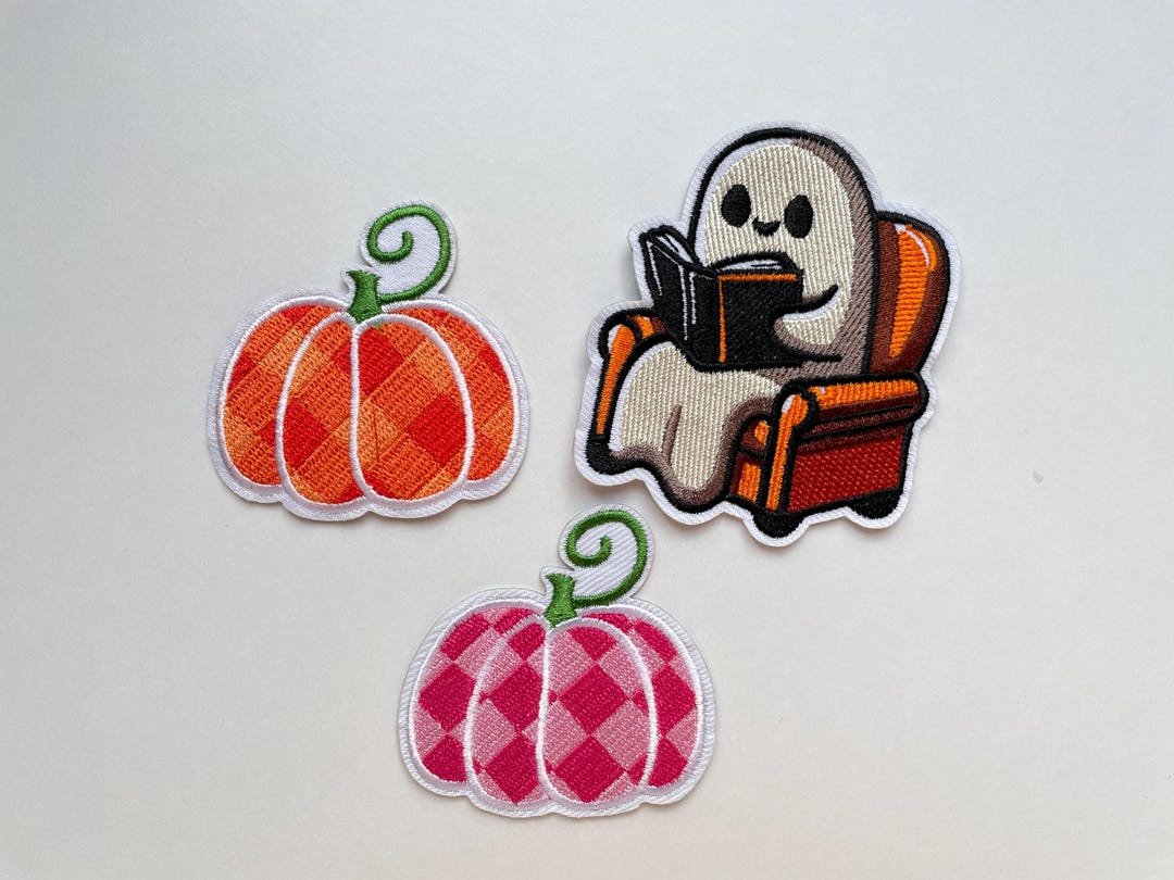Cozy Bookworm Ghost Cute Ghost Patch Autumn Patch Pink Orange Pumpkin ...