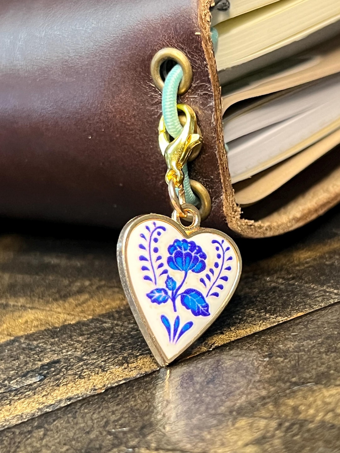 Blue & Gold Floral Vintage Journal Charm - Traveler's Notebook Charm - Etsy