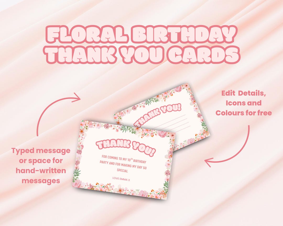 Editable Floral Birthday Thank You Cards – Two Fonts – Printable Canva ...