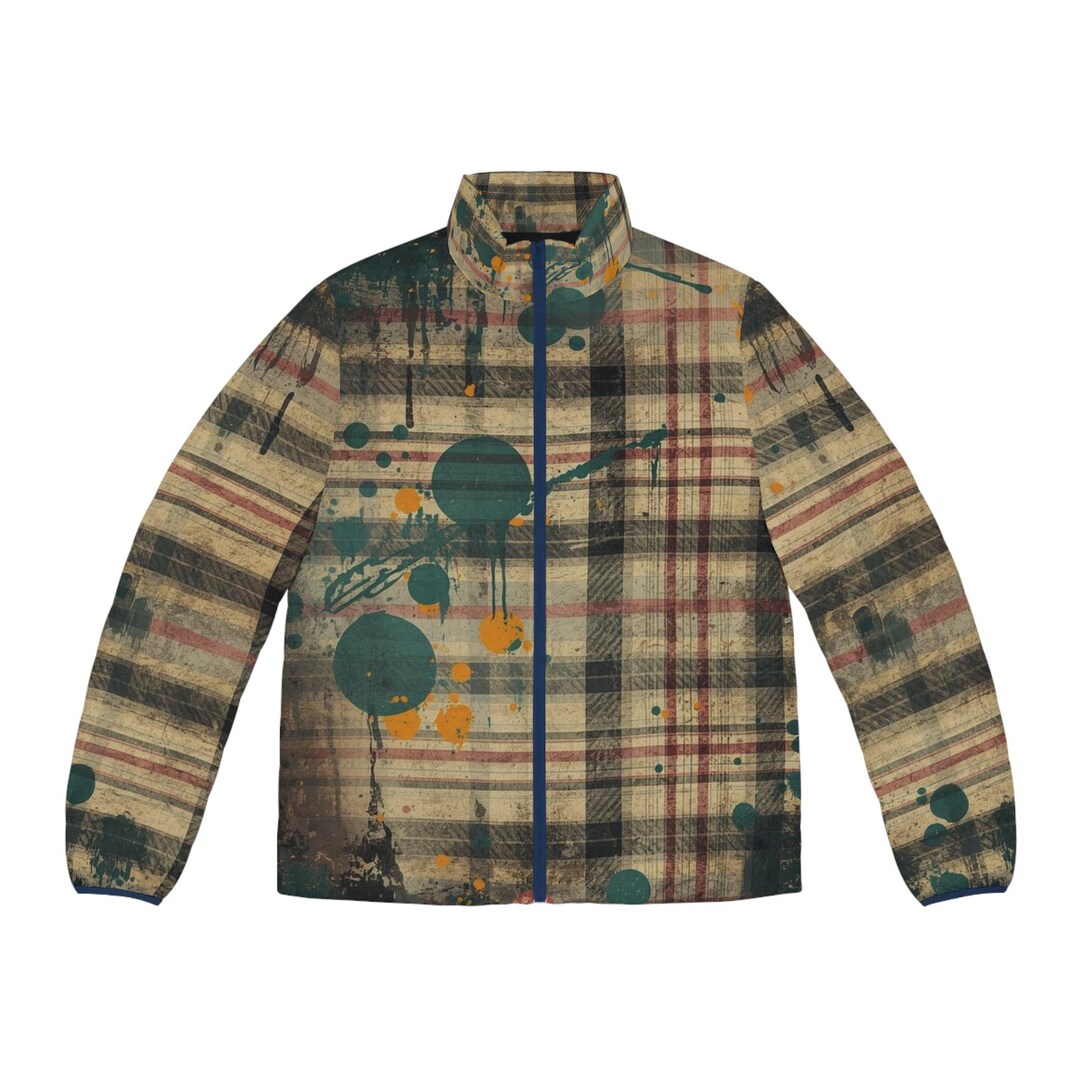Plaid Paint Splatter Puffer Jacket, Grunge Winter Coat - Etsy