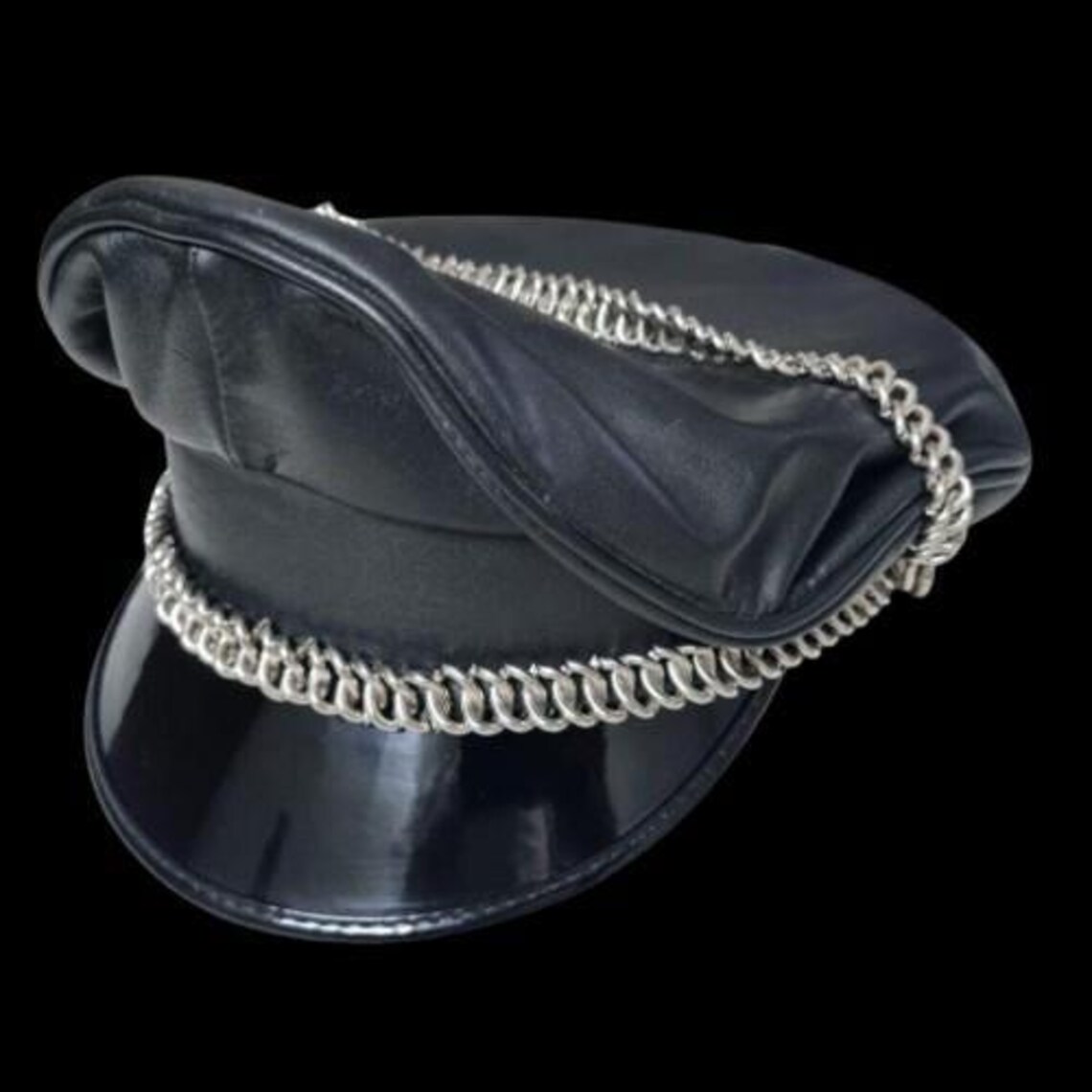 Handcrafted Black Leather Biker Cap – Army Style, Metal Chain - Etsy