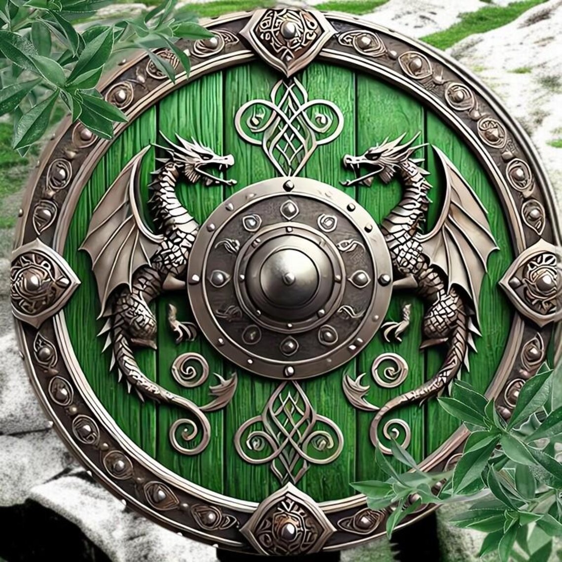 2D Flat Viking Shield Metal Wall Art 8x8 Round Tin Sign With Dragon and ...