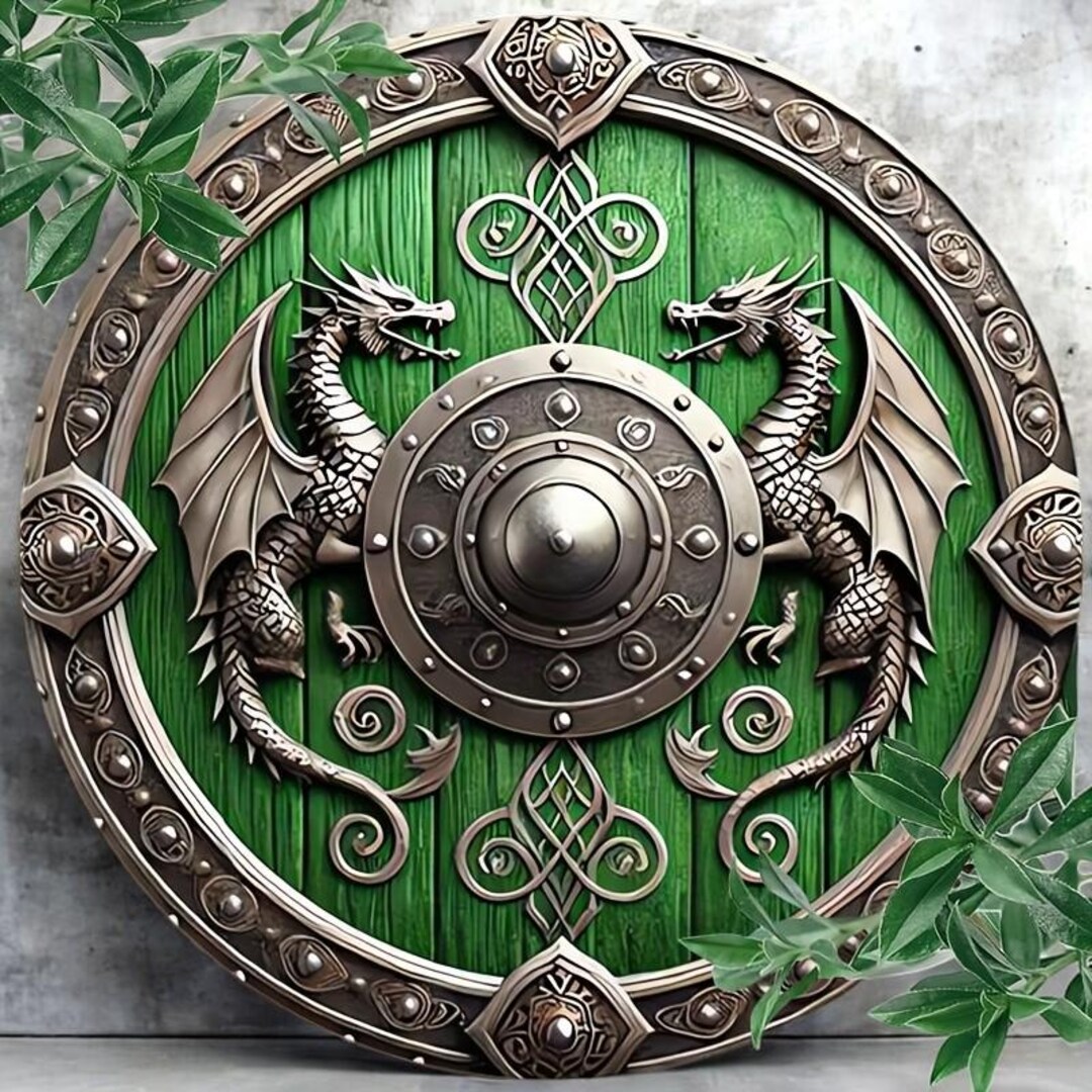 2D Flat Viking Shield Metal Wall Art 8x8 Round Tin Sign With Dragon and ...