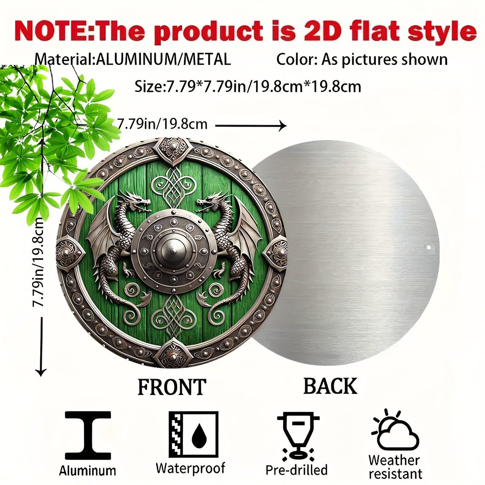 2D Flat Viking Shield Metal Wall Art 8x8 Round Tin Sign With Dragon and ...