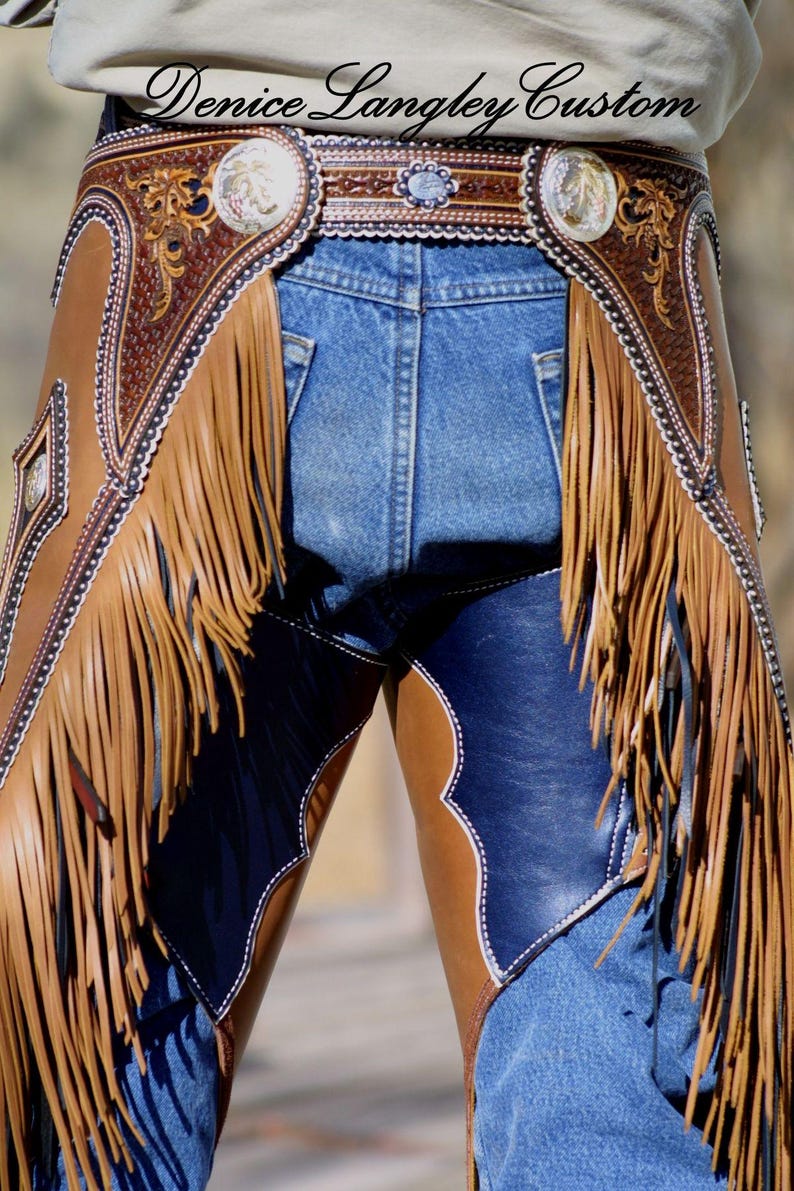 Hand-tooled Leather Rodeo Chaps | Custom Western Chaps | Fringe Bull ...