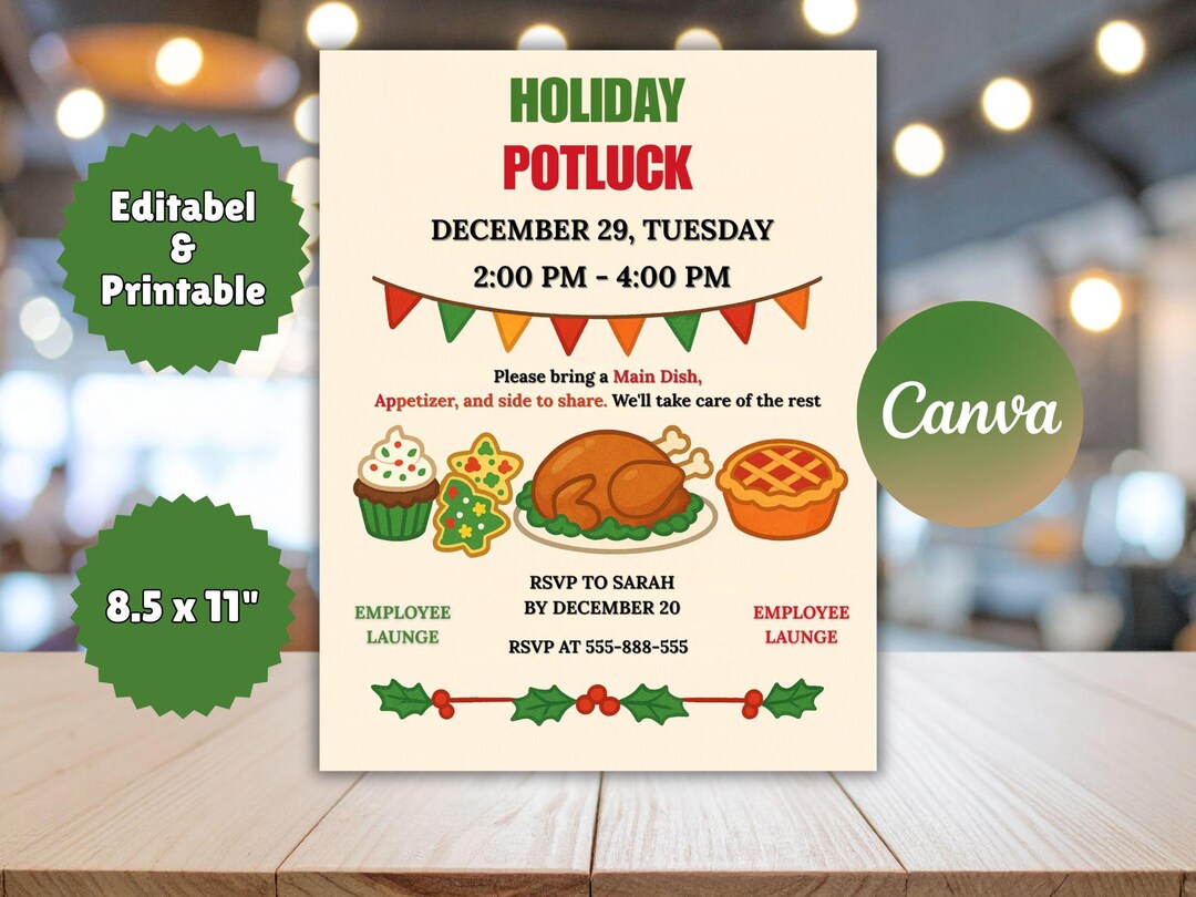 Holiday Potluck Flyer and Sign up Sheet, Canva Template Bundle ...