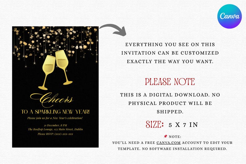 Editable New Year Party Invitation | Black & Gold 5x7 Printable ...