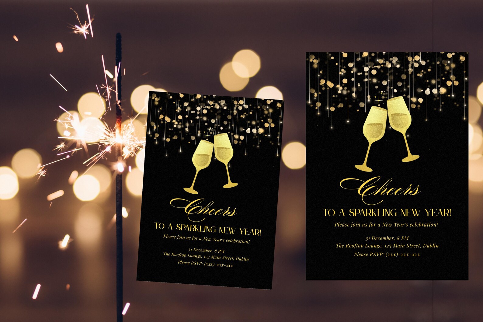 Editable New Year Party Invitation | Black & Gold 5x7 Printable ...
