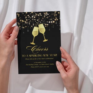 Editable New Year Party Invitation | Black & Gold 5x7 Printable ...