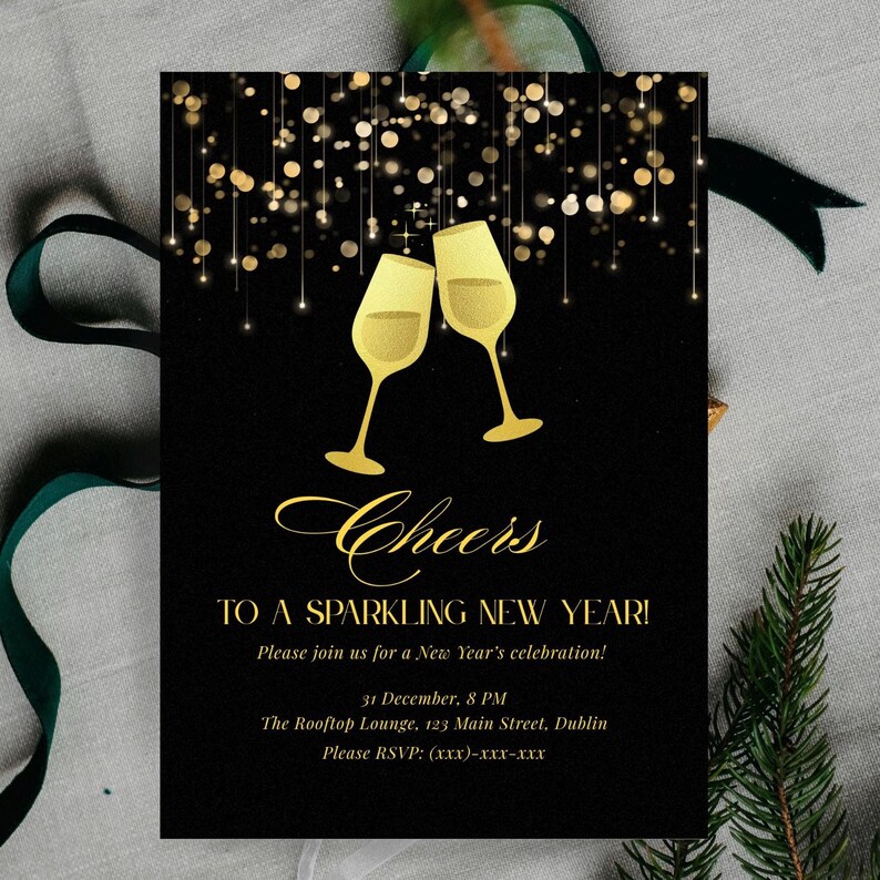 Editable New Year Party Invitation | Black & Gold 5x7 Printable ...