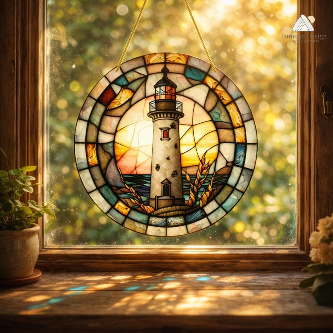 Acrylic Stained Glass Style Lighthouse Suncatcher Window Hanging ...
