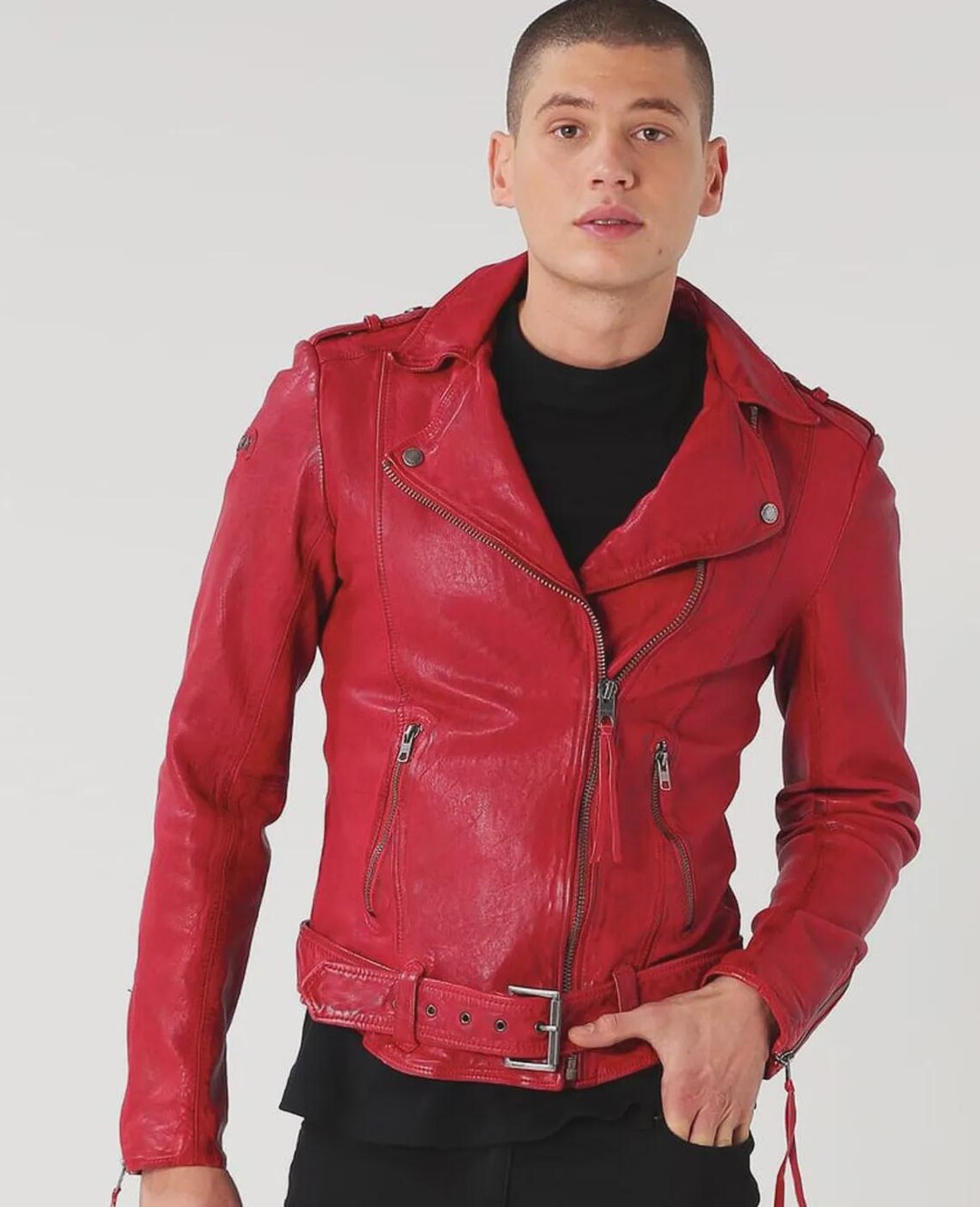 Brick Red Leather Biker Jacket | Men's Slim Fit Motorcycle Coat - Etsy