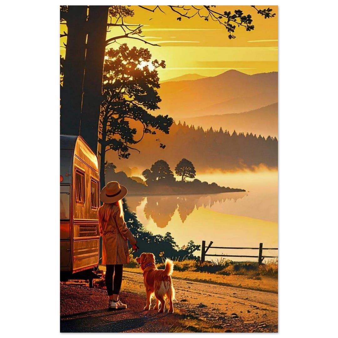 Vintage Camper & Dog Lake Sunrise Print: Retro RV Travel Wall Art - Etsy
