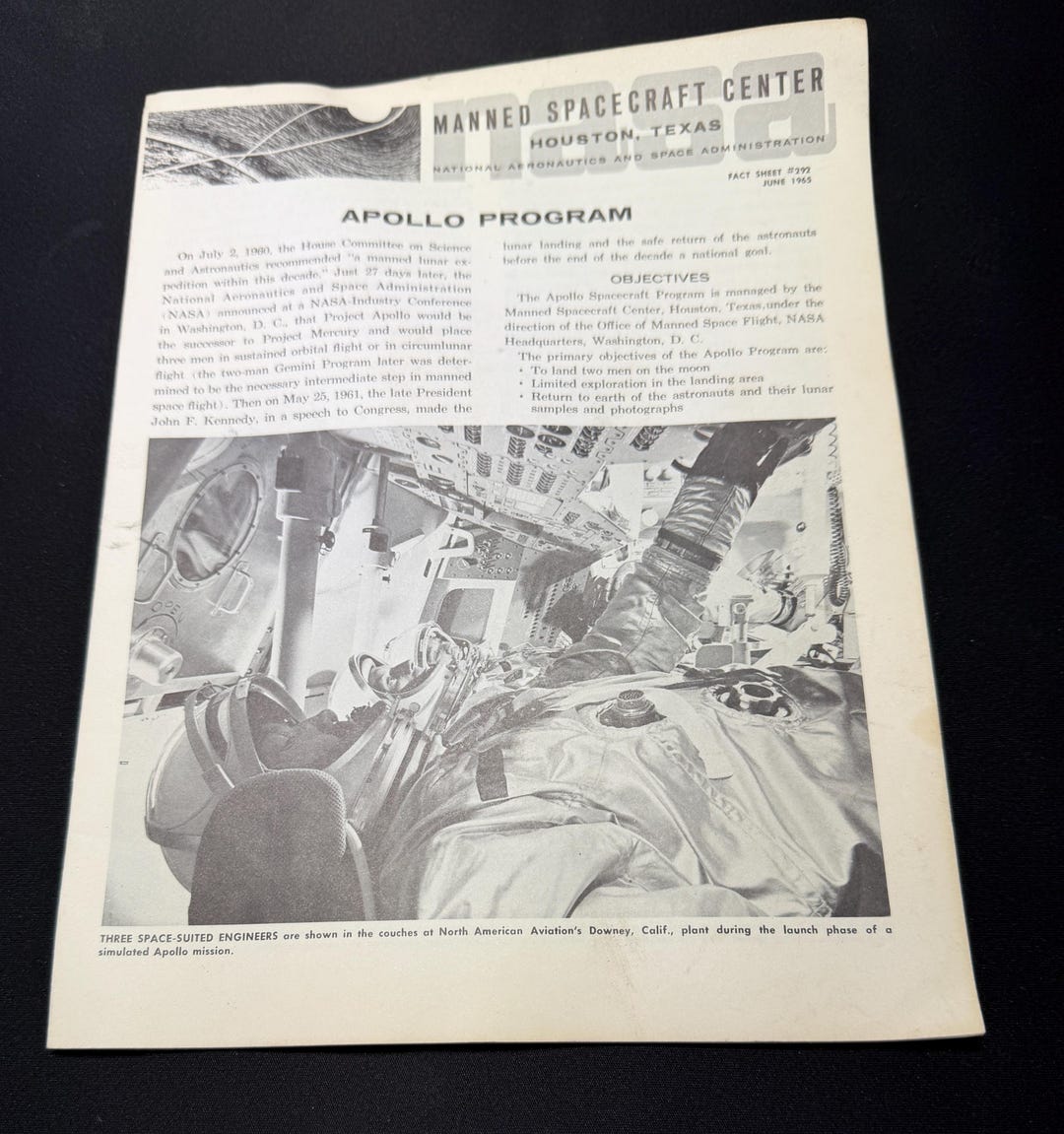 1965 NASA Apollo Program Fact Sheet #292 | Original Space Race Ephemera ...